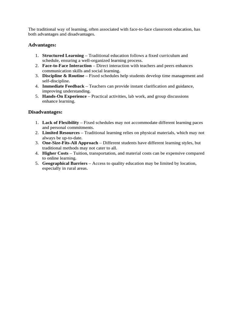 Pros and Cons of Traditional Education | PDF