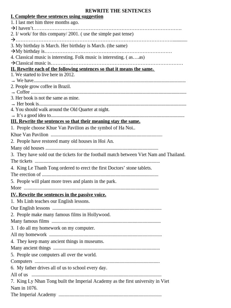 Rewrite The Sentences Lop 7 Moi | PDF