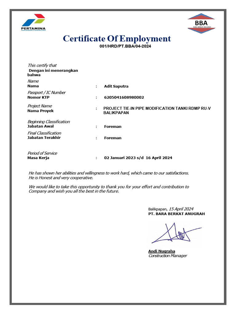 Certificate of Employment for Adit Saputra | PDF