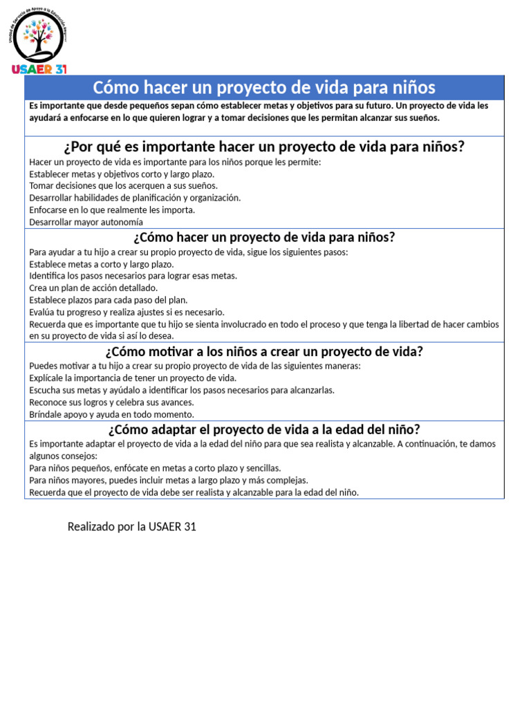 Proyecto de vida para niños: guía práctica | PDF