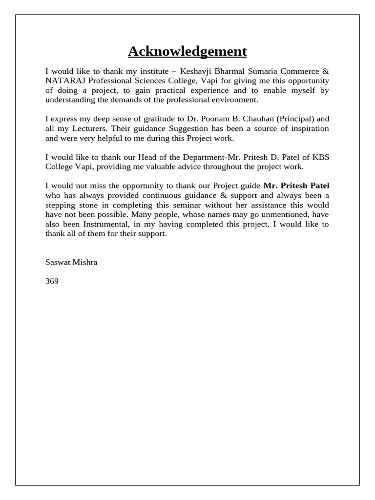 Project Acknowledgement Saswat | PDF