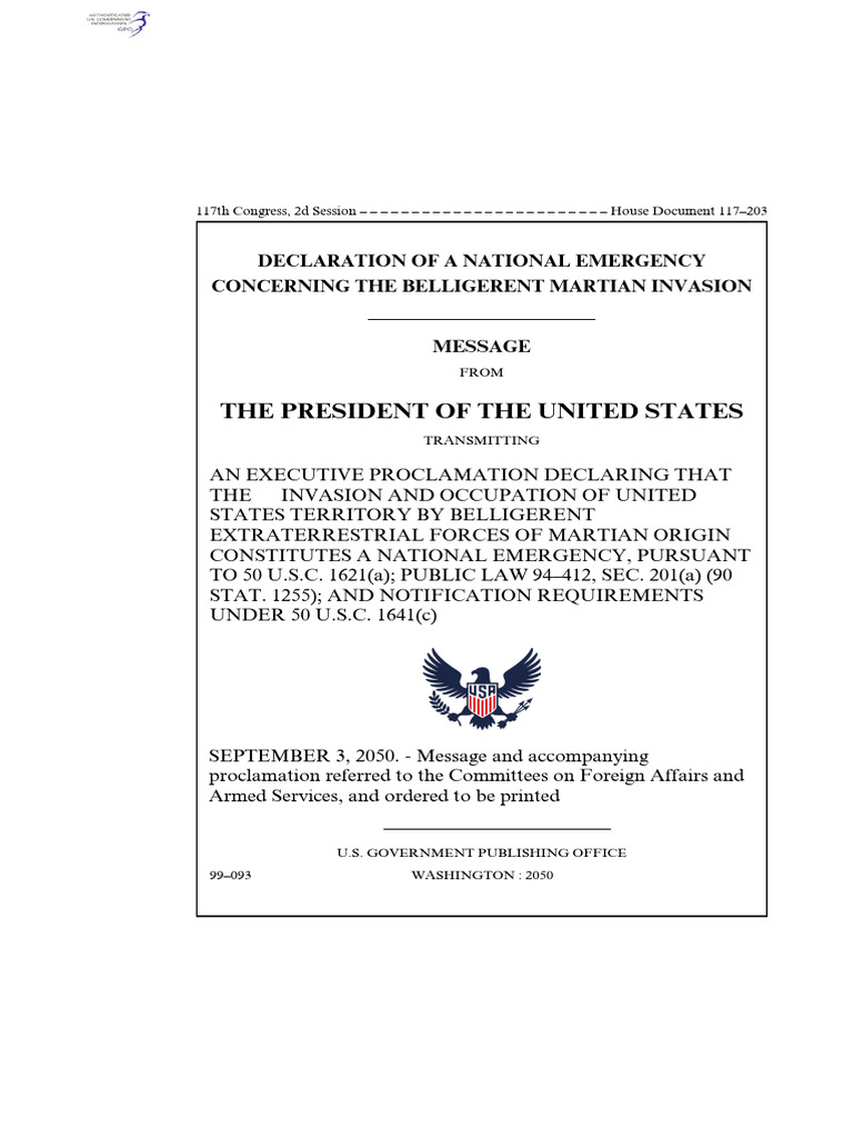 Notification To Congress | PDF | State Of Emergency | Mars