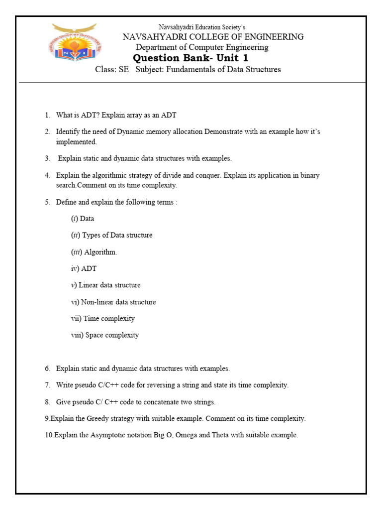FDS Unit 1-Question Bank | PDF