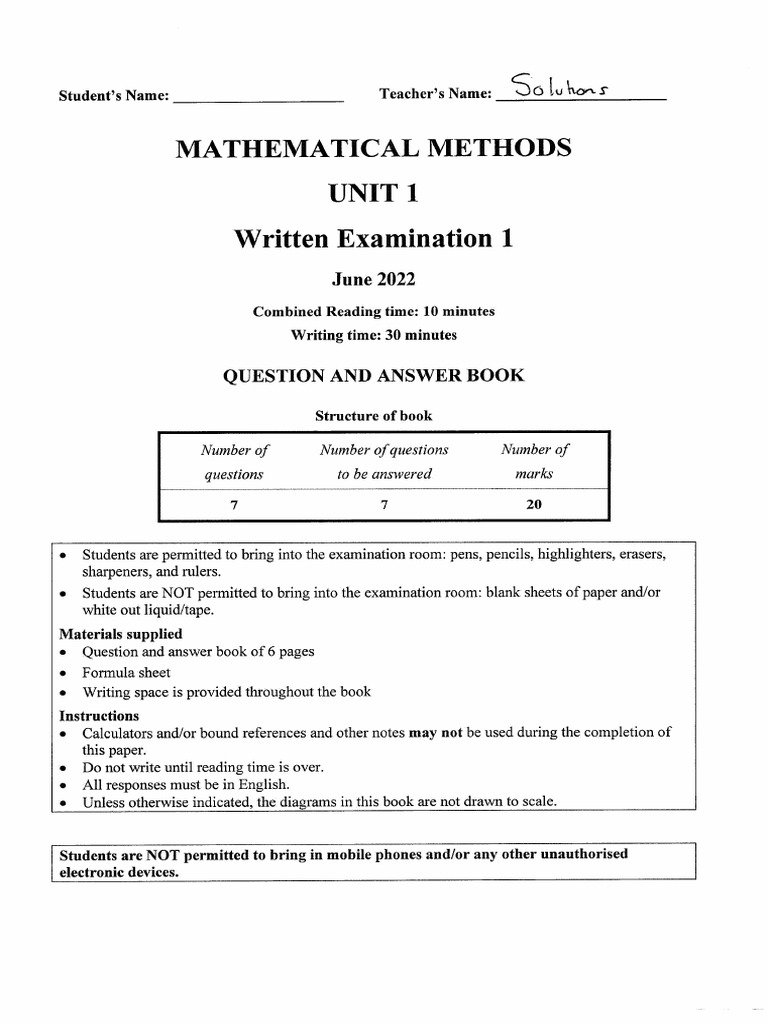 2022 Y11 MM12 June Exam P1 Solutions - Vce Maths Methods Unit 1 | PDF