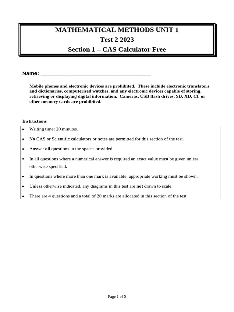 2023 Test 2 Unit 1 Paper1 | PDF | Cartesian Coordinate System ...