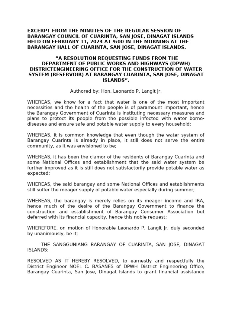 Barangay Resolution Jun Langit | PDF