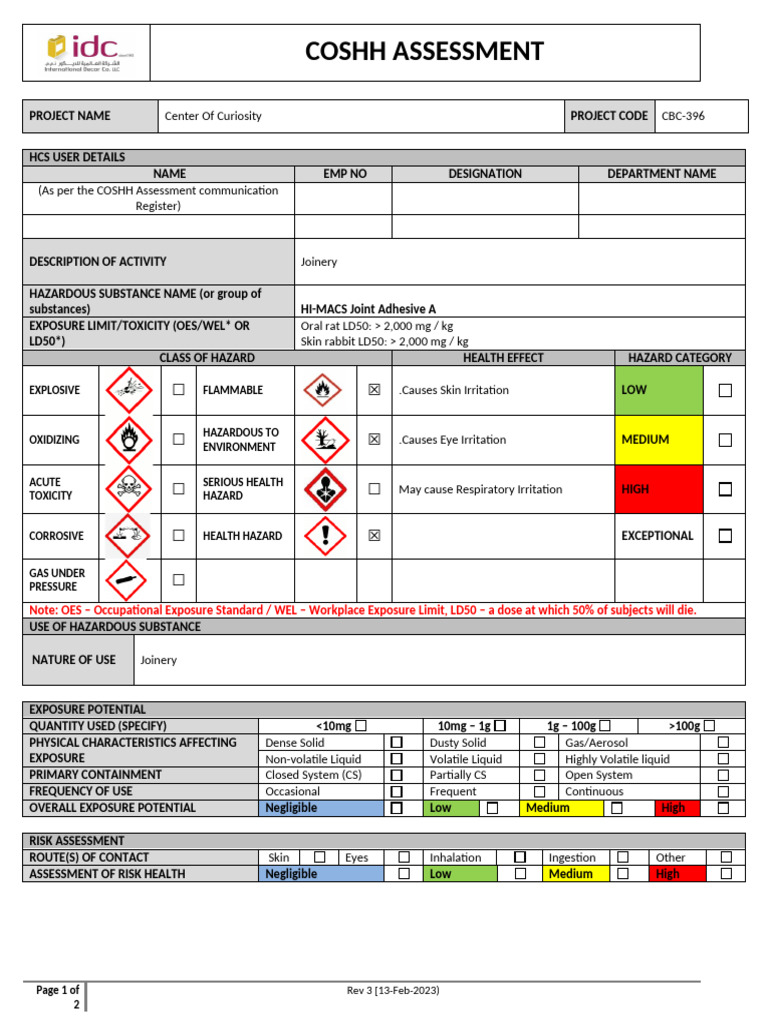 COSHH Assessment - HI MACS Adhesive A | PDF | Toxicity | Occupational ...