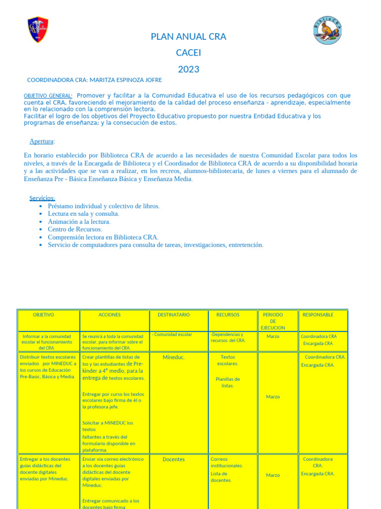 Plan Anual CRA 2023: Fomento Lector y Recursos | PDF | Enseñando ...