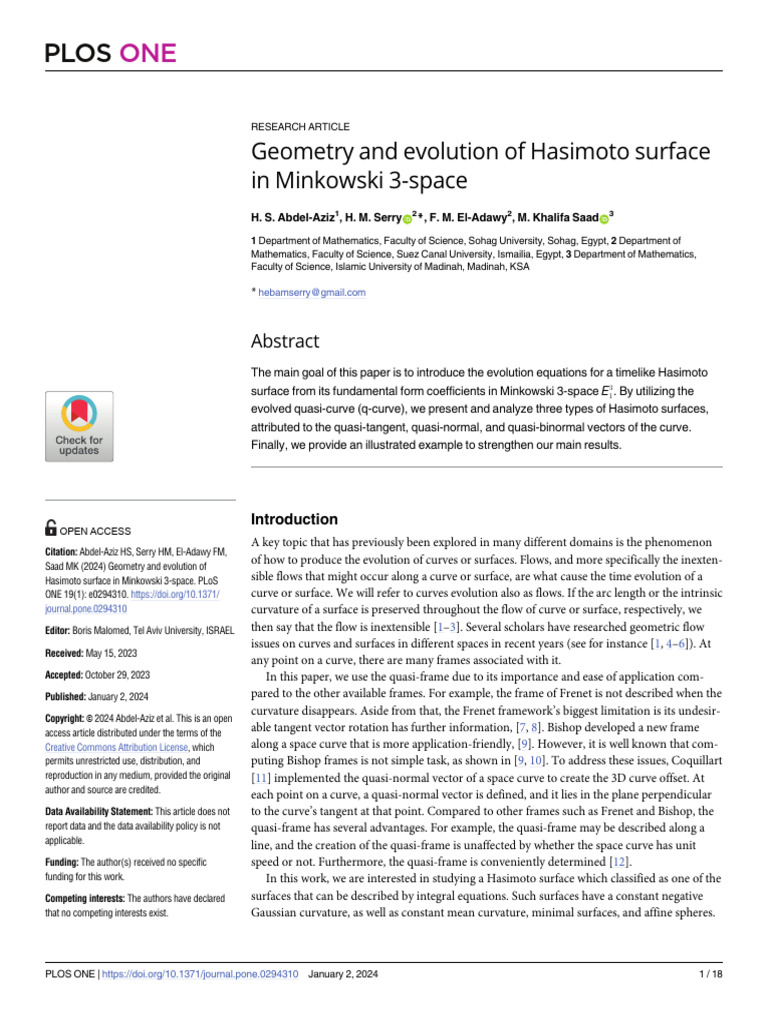 Geometry and Evolution of Hasimoto Surface in Mink | PDF | Curvature ...