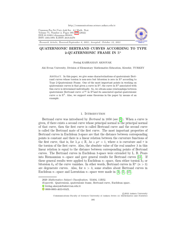 Quaternionic Bertrand Curves According To Type 2-q | PDF | Curvature | Scalar (Mathematics)