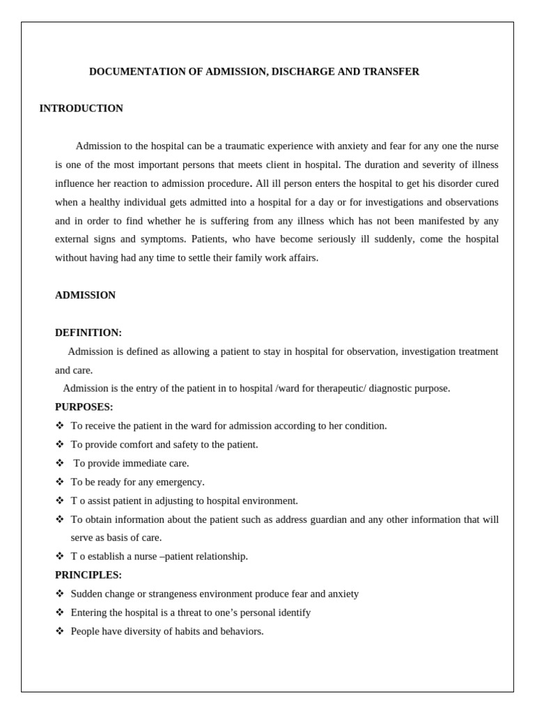 1.documentation of Admission, Discharge and Transfer | PDF | Patient ...