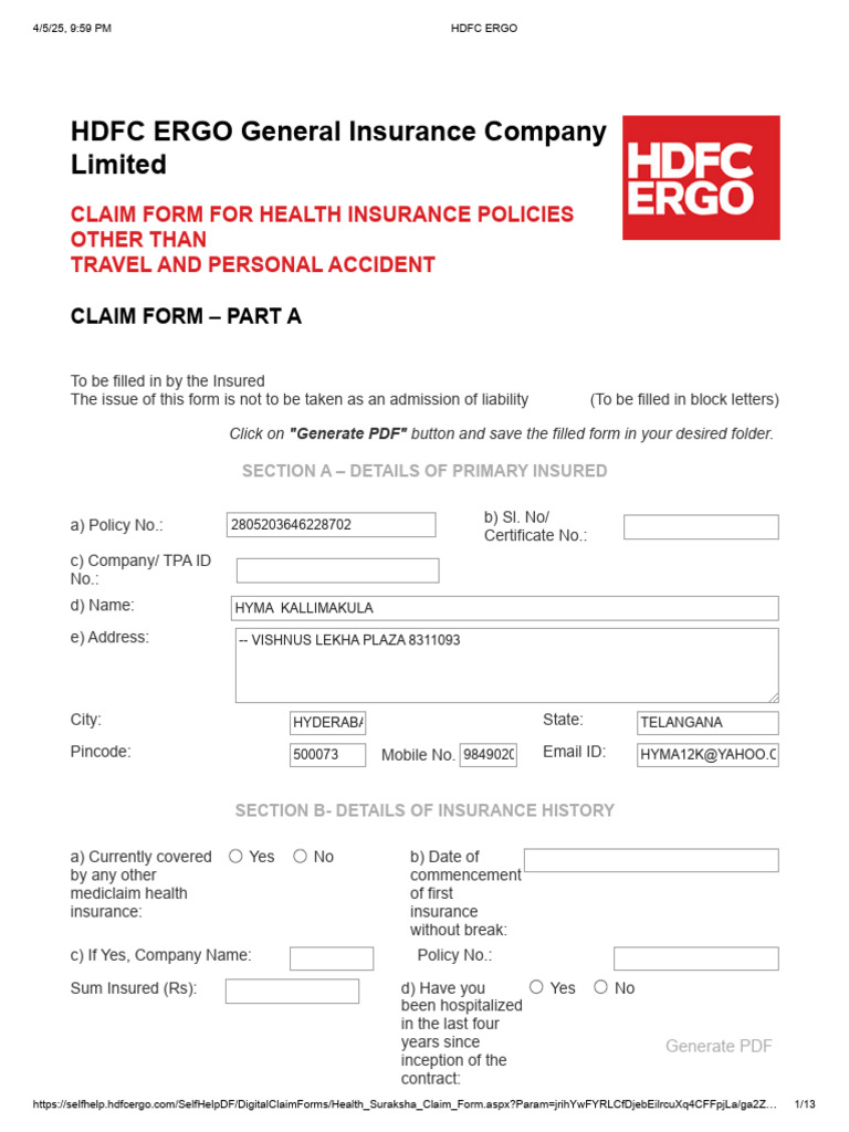 HDFC Ergo - Claim Form | PDF | Identity Document | Receipt