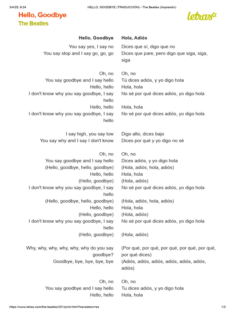 Letra y traducción de "Hello, Goodbye" | PDF | Grabaciones de canciones ...