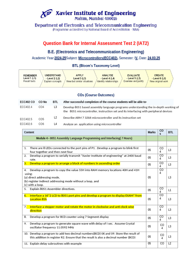 XIE - SE - EXTC - SemIV - ECC402 - Question Bank - IAT2 - 2024-25 - Students | PDF | Central ...