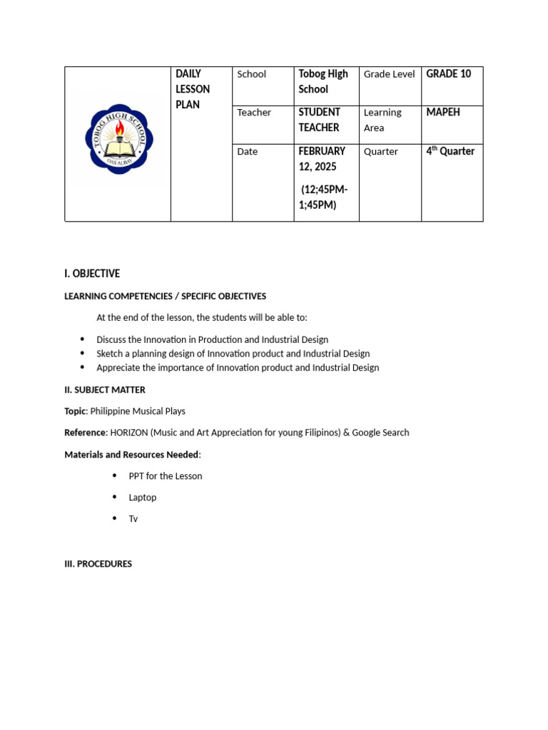Grade 10 MAPEH Lesson Plan: Innovation | PDF | Learning