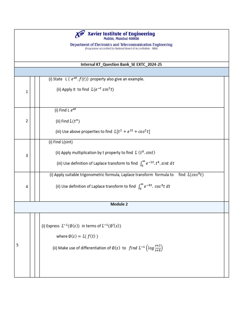 QB - Internal KT - SE EXTC | PDF | Laplace Transform | Holomorphic Function