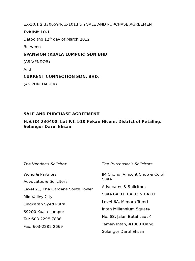 Exhibit 10.1: The Vendor's Solicitor The Purchaser's Solicitors | PDF | Receipt | Payments