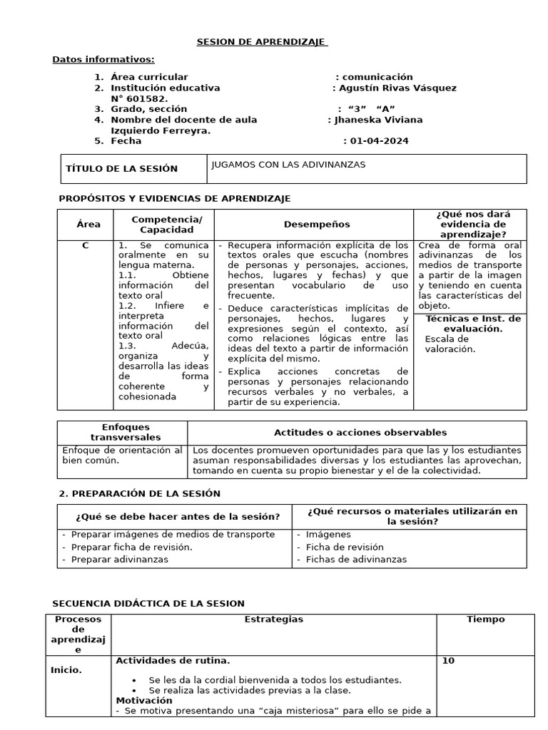 Comunicacion Sesion de Jugamos Con Las Adivinanzas 3A | PDF | Aprendizaje | Evaluación