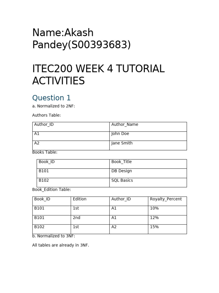 S00393683 Week 4 ITEC 200 Tutorial | PDF | Data Model | Information ...