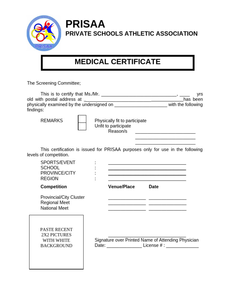 PRISAA Medical Fitness Certificate | PDF