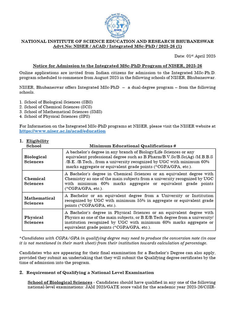 NISER Integrated MSc-PhD Admissions 2025 | PDF | Educational Stages ...