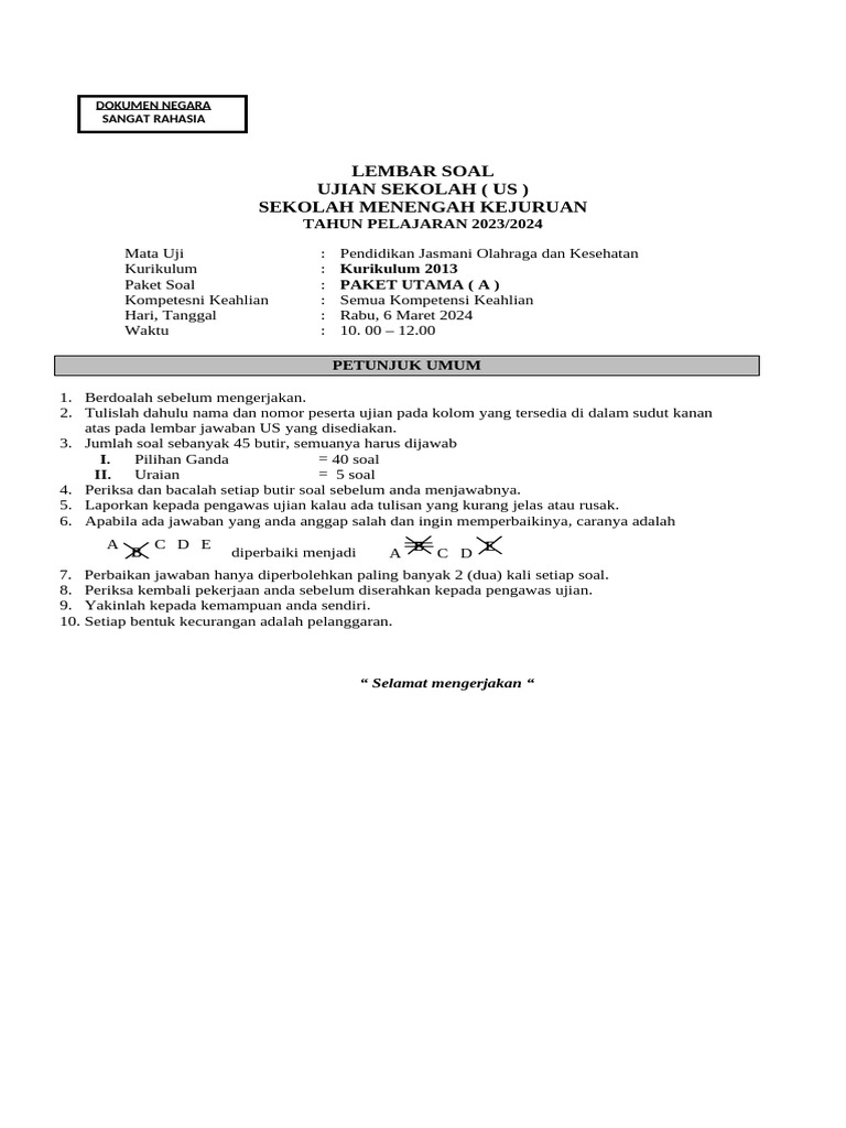 Naskah Soal Ujian Sekolah PJOK | PDF