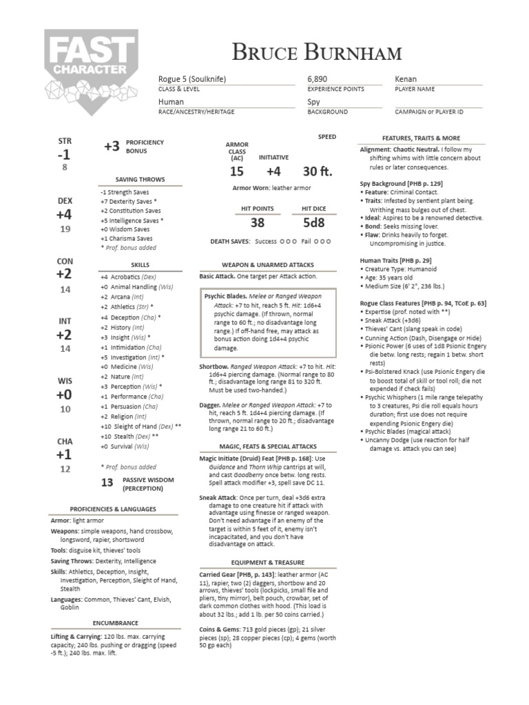Soulknife Rogue Character Sheet | PDF