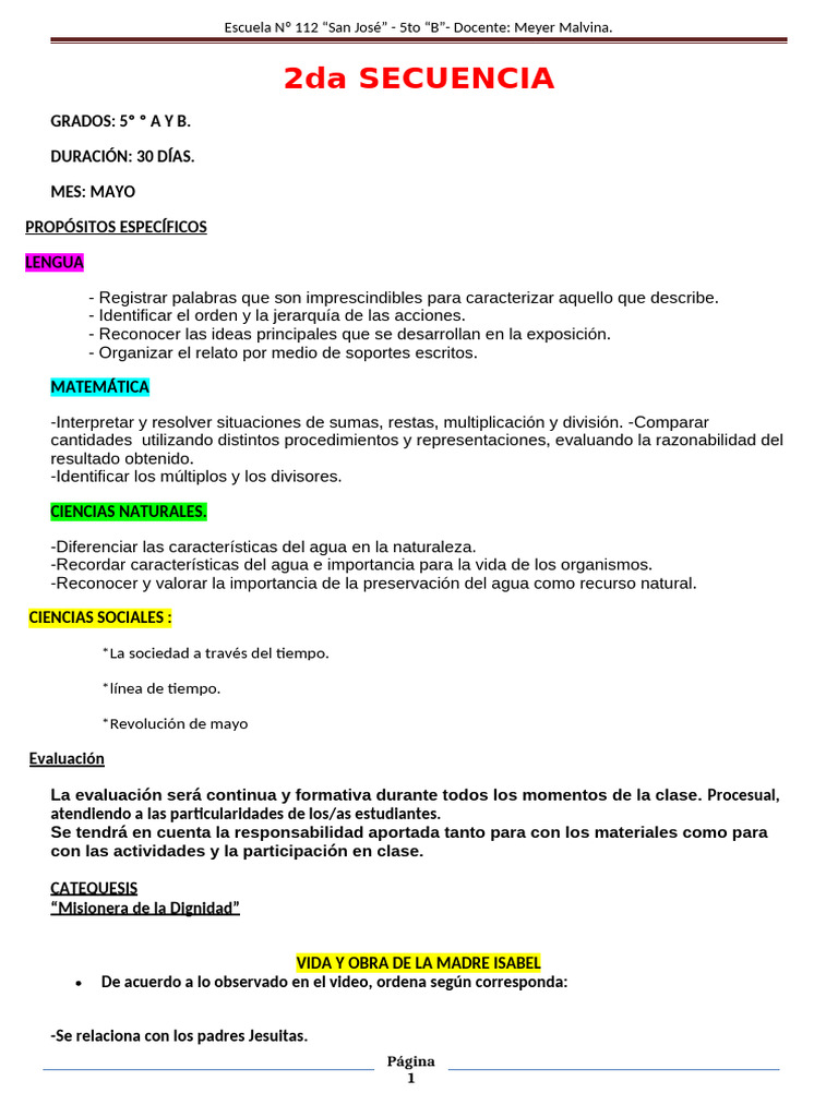 2da Secuencia 5TO | PDF | Leyendas | Misionero