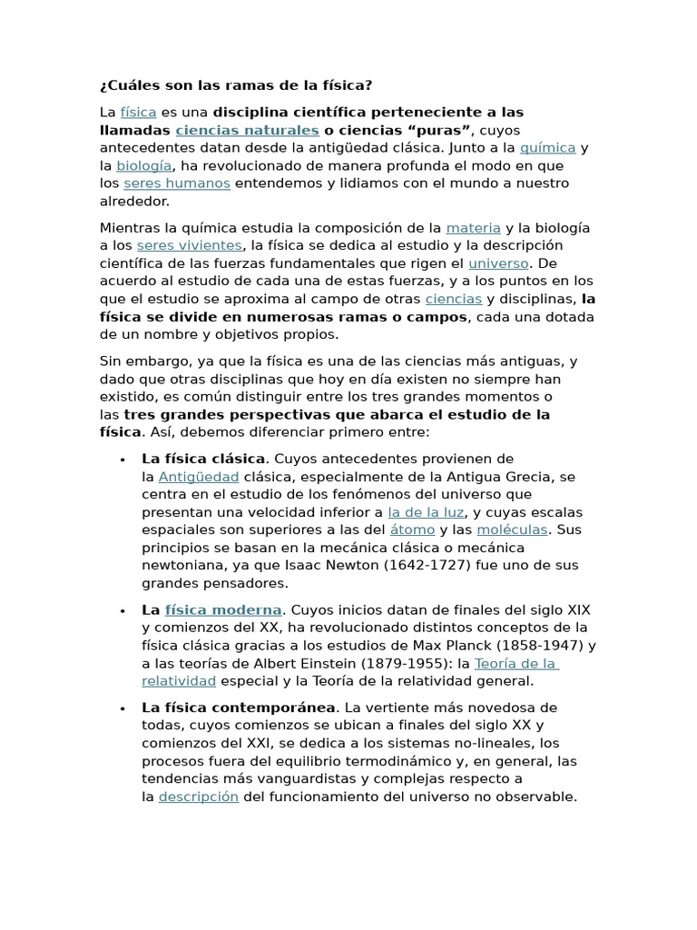 Ramas de la Física: Clásica, Moderna y Contemporánea | PDF