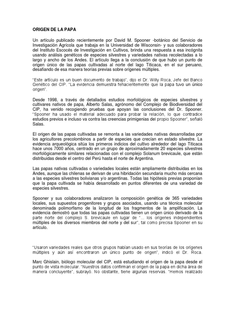 Origen único de la papa en Perú | PDF | Patata | Perú