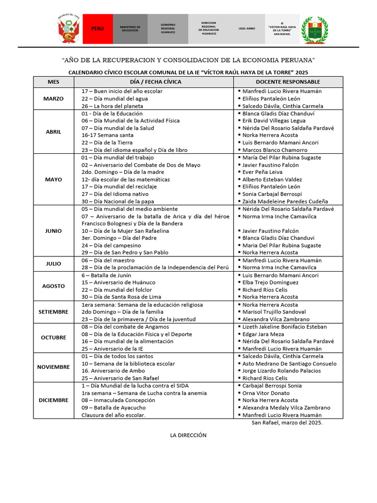 Calendario Cívico Escolar Comunal de La Ie - VRHT 2025 | PDF | América ...