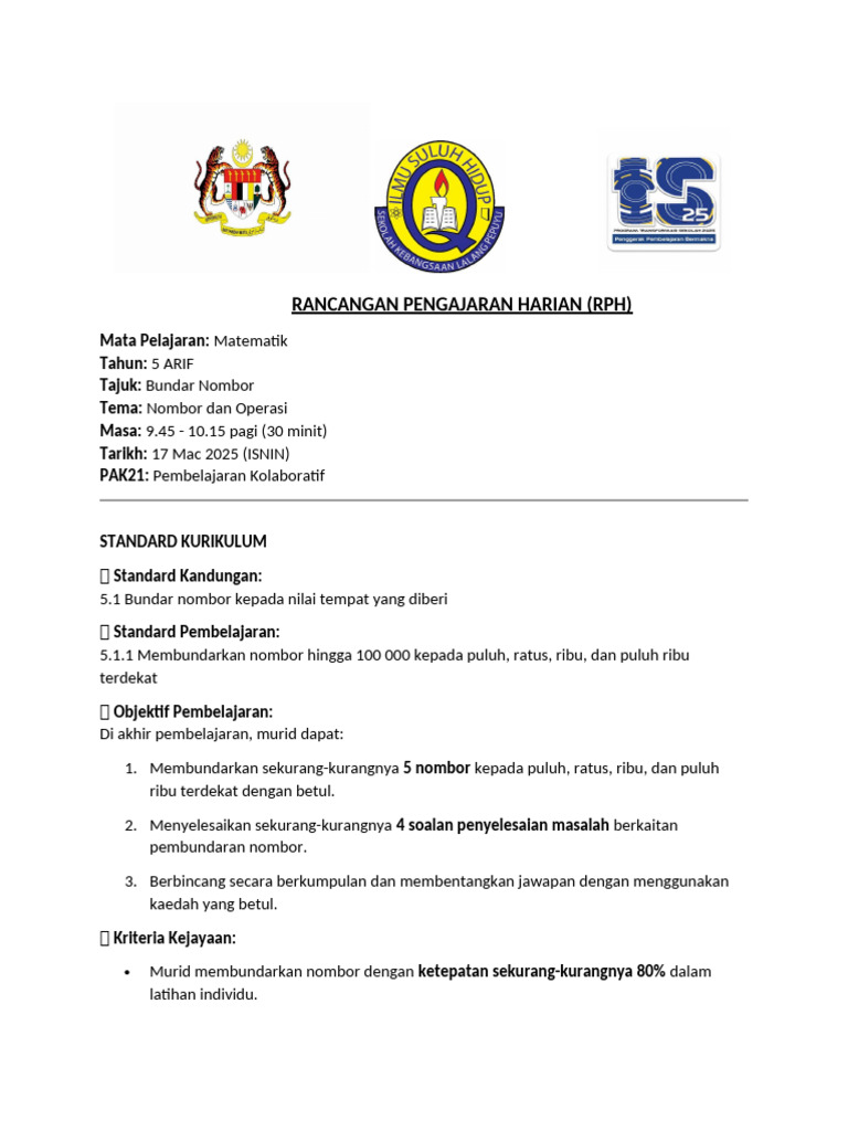 RANCANGAN PENGAJARAN HARIAN Logo Bundar (Matematik) | PDF