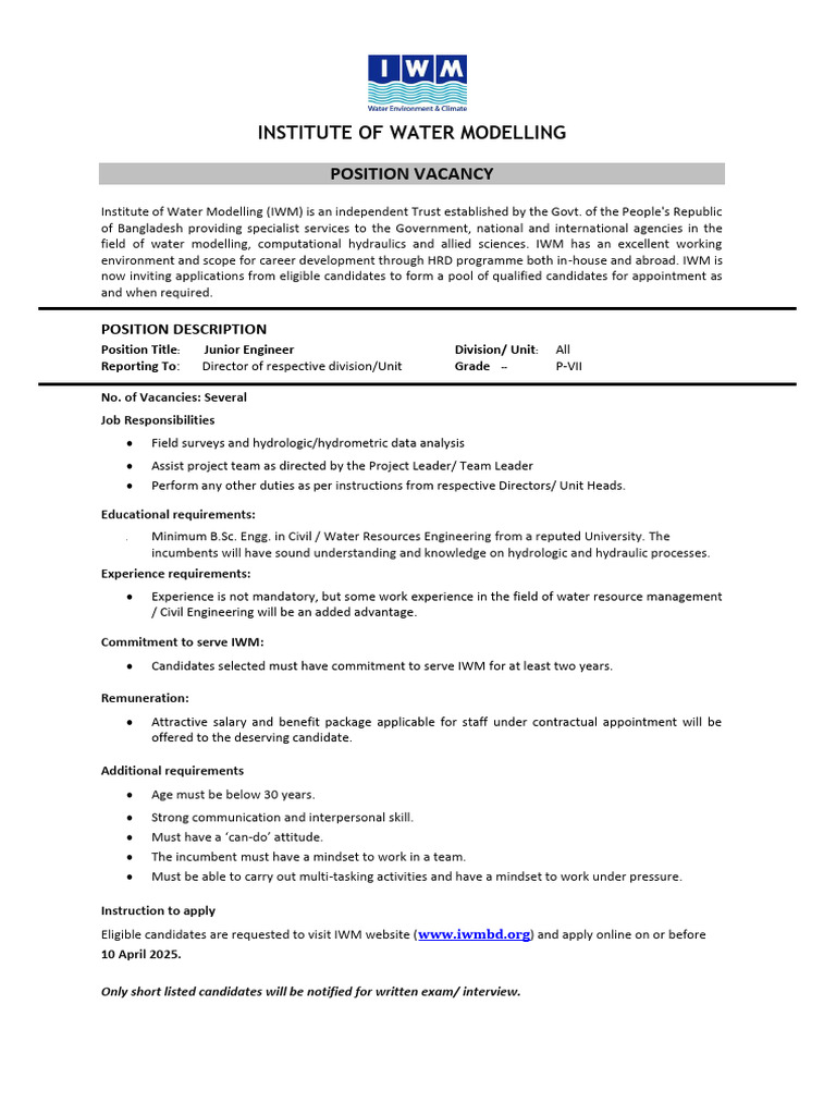 IWM Junior Engineer Job Vacancy 2025 | PDF