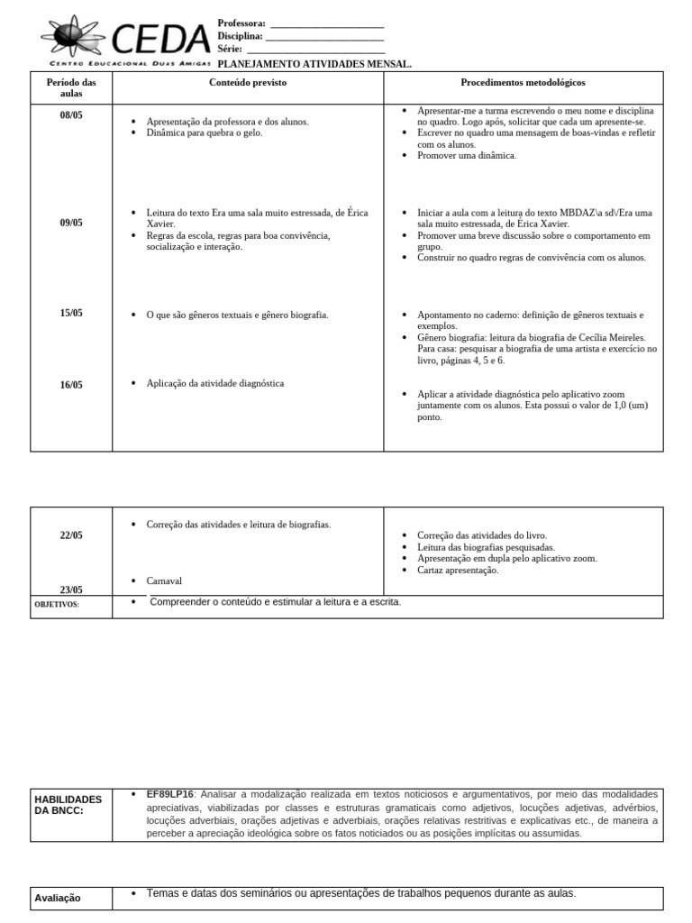 modelo de Plano de Aula mensal | PDF | Biografia | Advérbio