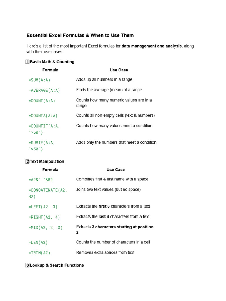 Essential Excel Formulas & When to Use Them | PDF | Computer Programming | Computing