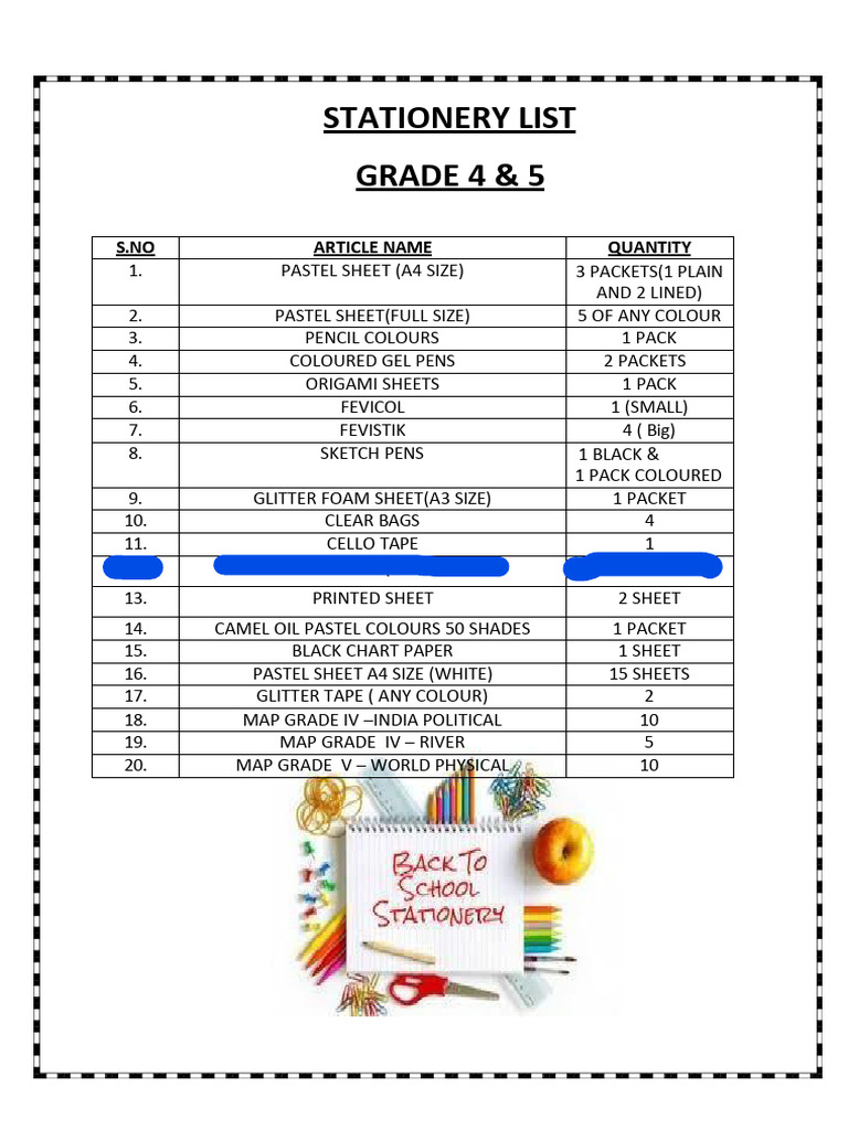 Grade 4 & 5 Stationery List 2025 | PDF