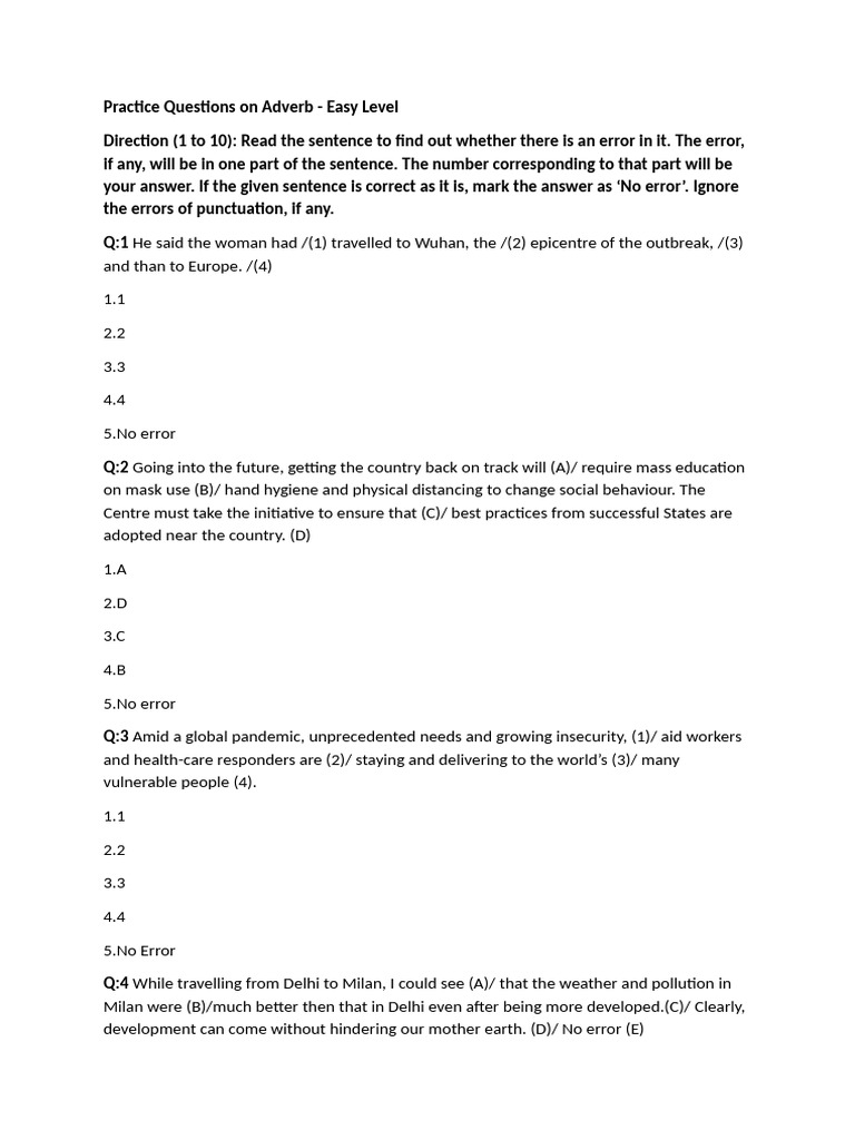 Practice Questions on Adverb | PDF