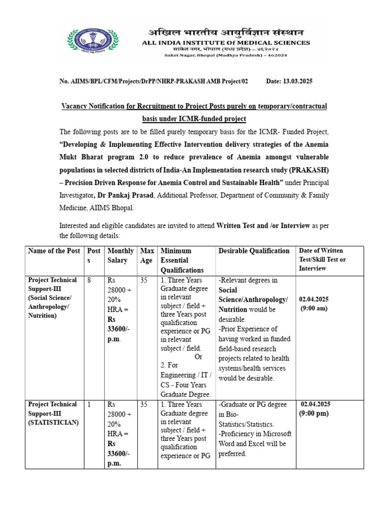 Advt - PTS - ICMR - PRAKASH Project | PDF | Statistics