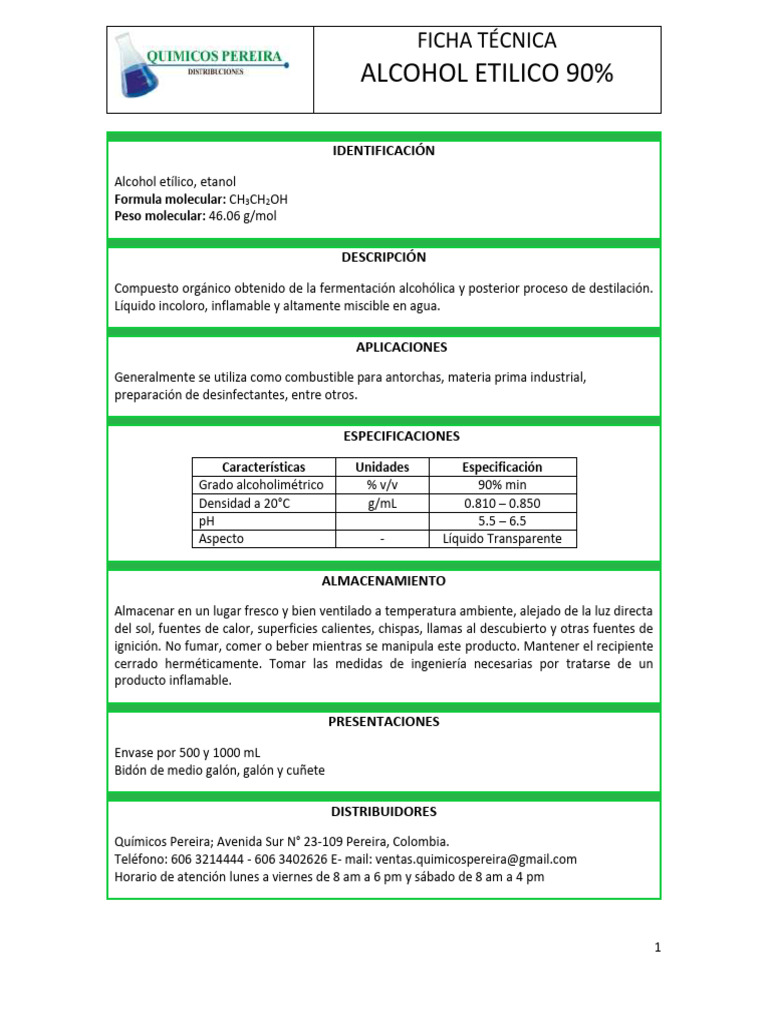 Alcohol Etílico 90%: Ficha Técnica | PDF