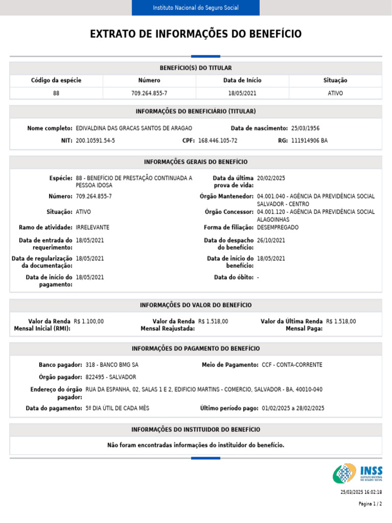 Extrato do Benefício INSS Edivaldina | PDF