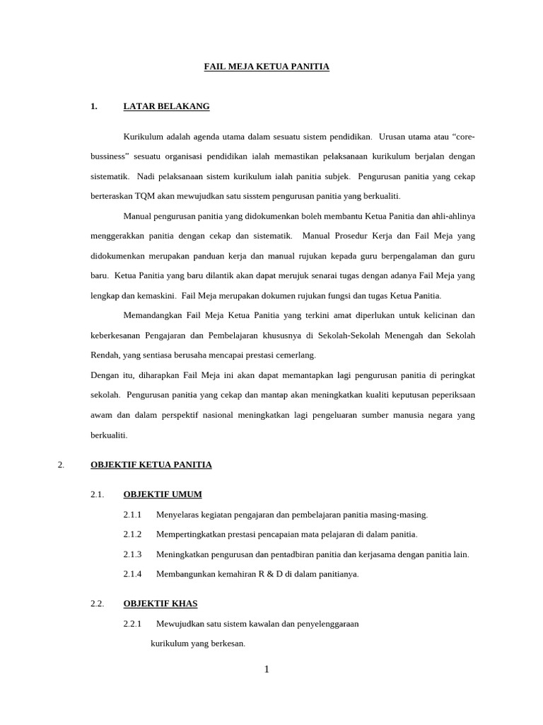 Fail Meja Ketua Panitia PJK | PDF