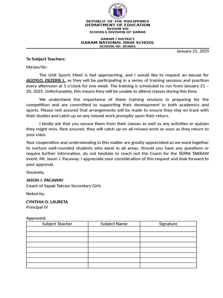 Excuse Request for Sports Training Sessions | PDF | Learning