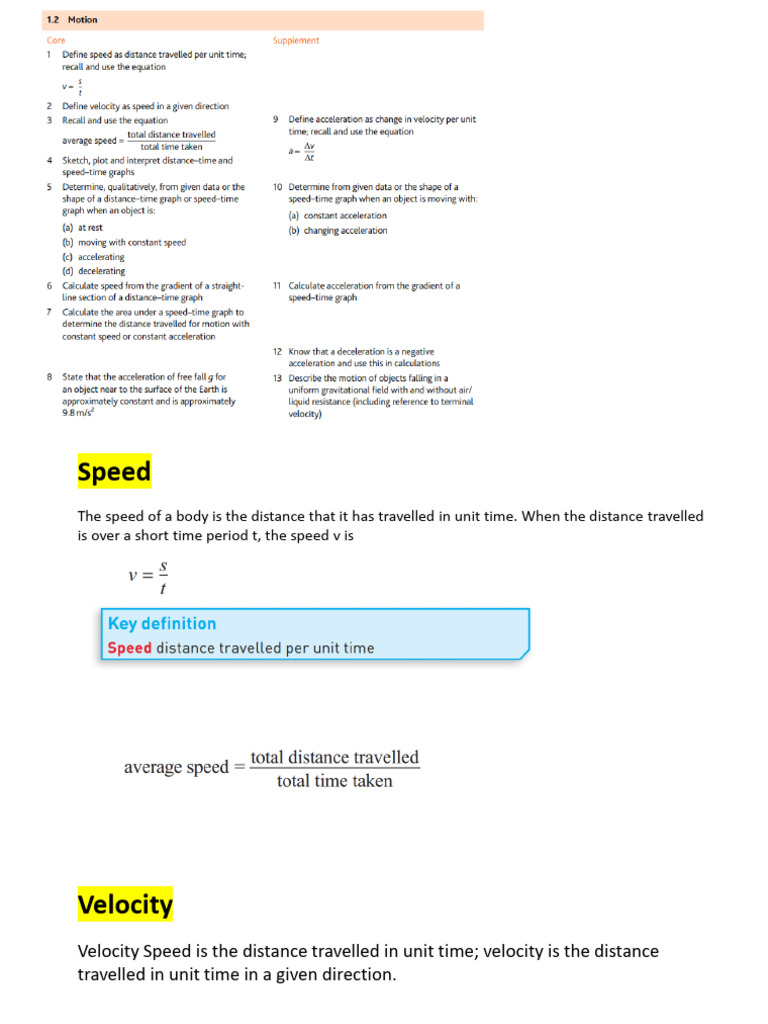 1.2 Motion - Speed - Velocity and Acceleration | PDF