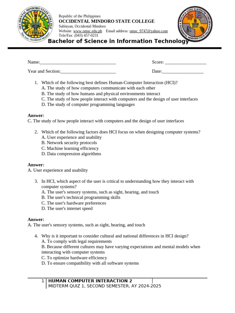 Quiz 1 Hci With Answer Key | PDF | Human–Computer Interaction | Computing
