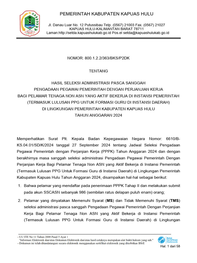 Pengumuman Pasca Sanggah Seleksi Administrasi Pppk Tahap II Formasi 2024 | PDF