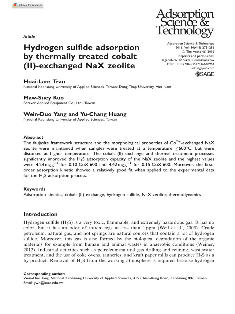 2016 - Hydrogen Sulfide Adsorption by Thermally Treated Cobalt (II) - Exchanged NaX Zeolite ...