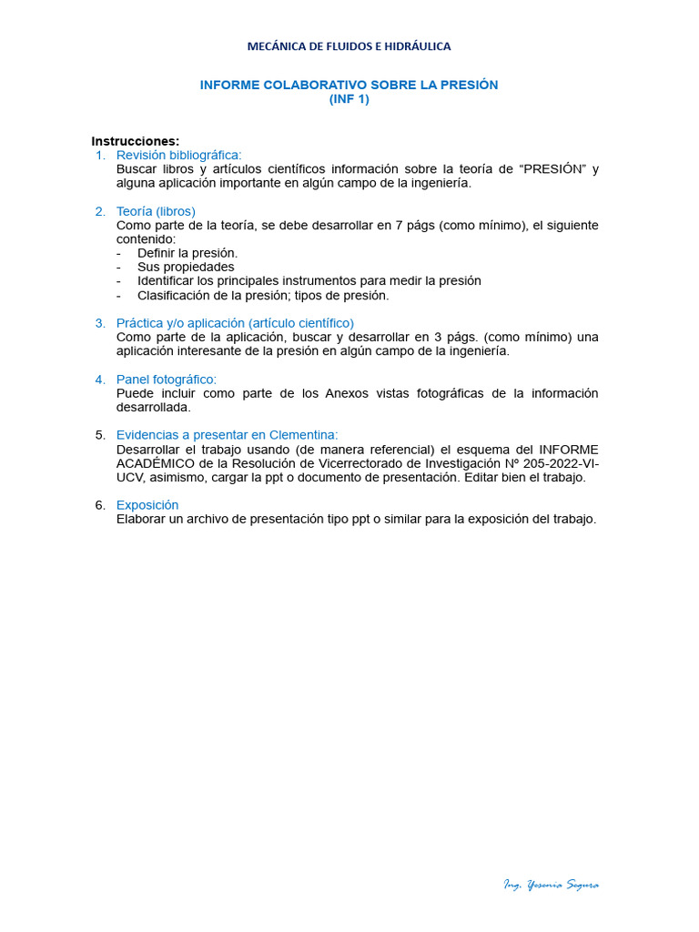 Informe INF1 - Mecanica de Fluidos - 202501 | PDF