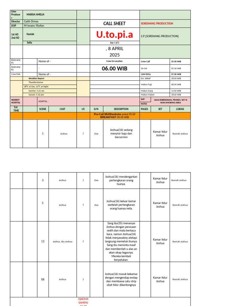 Contoh Call Sheet Produksi Film | PDF