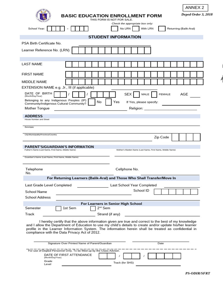 Annex 2 Basic Education Enrolment Form DO 3 2018 | PDF | Languages Of ...