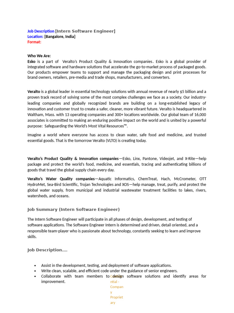 Esko Intern Developer JD | PDF